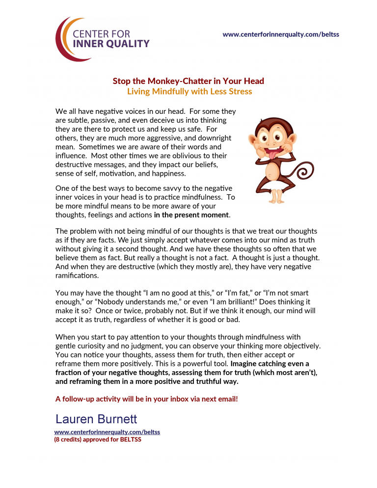 STOP MONKEY CHATTER IN YOUR MIND – STRESS LESS | Center For Inner Quality